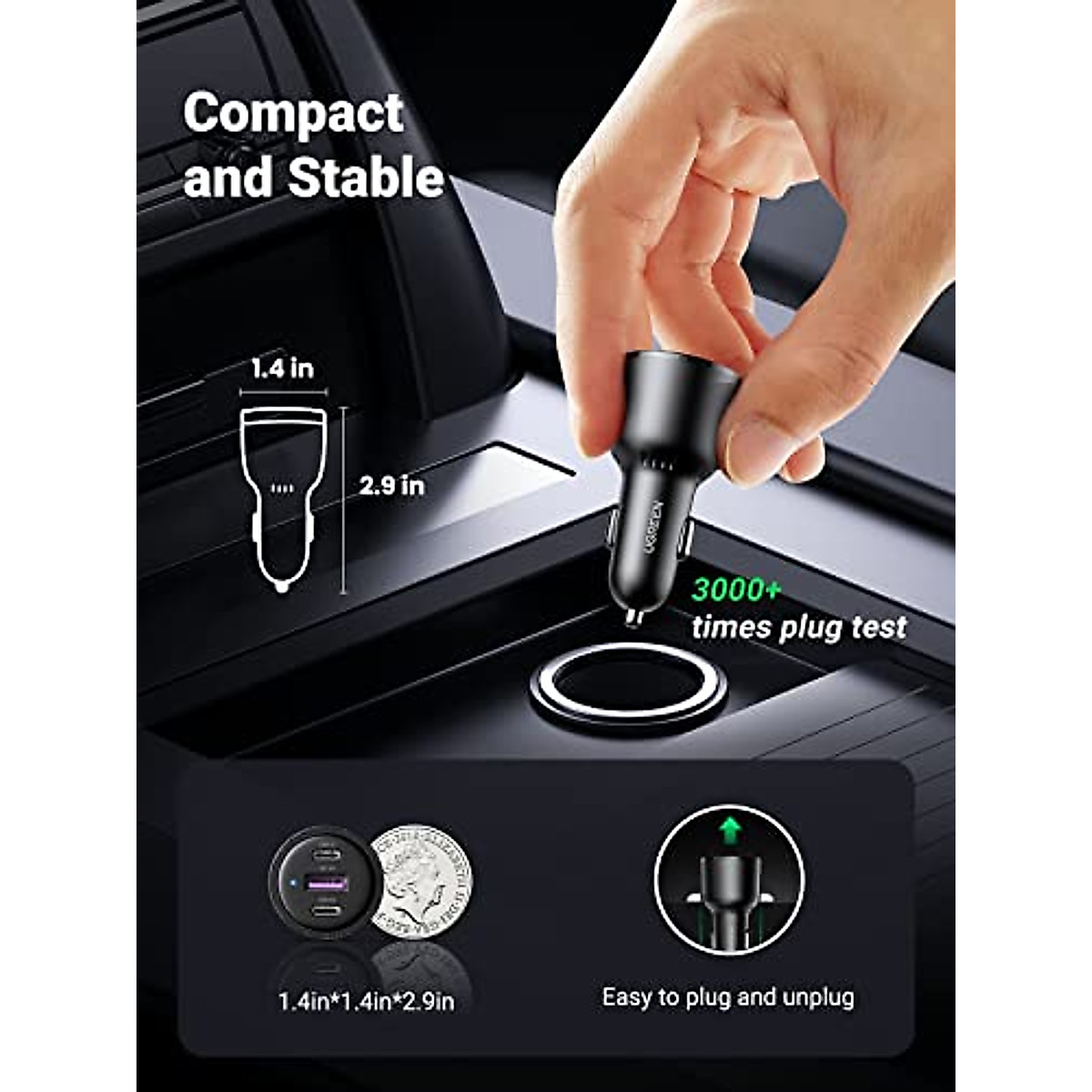 UGREEN 69W USB C Car Charger, PD 65W&PD 20W&SCP 22.5W/QC 18W Type C Car Charger Fast Charging, Car Charger Adapter Compatible with iPhone 14/13/12/11/iPad/Mac Book, Galaxy S23/S22/S21/S20/S10/Note 20