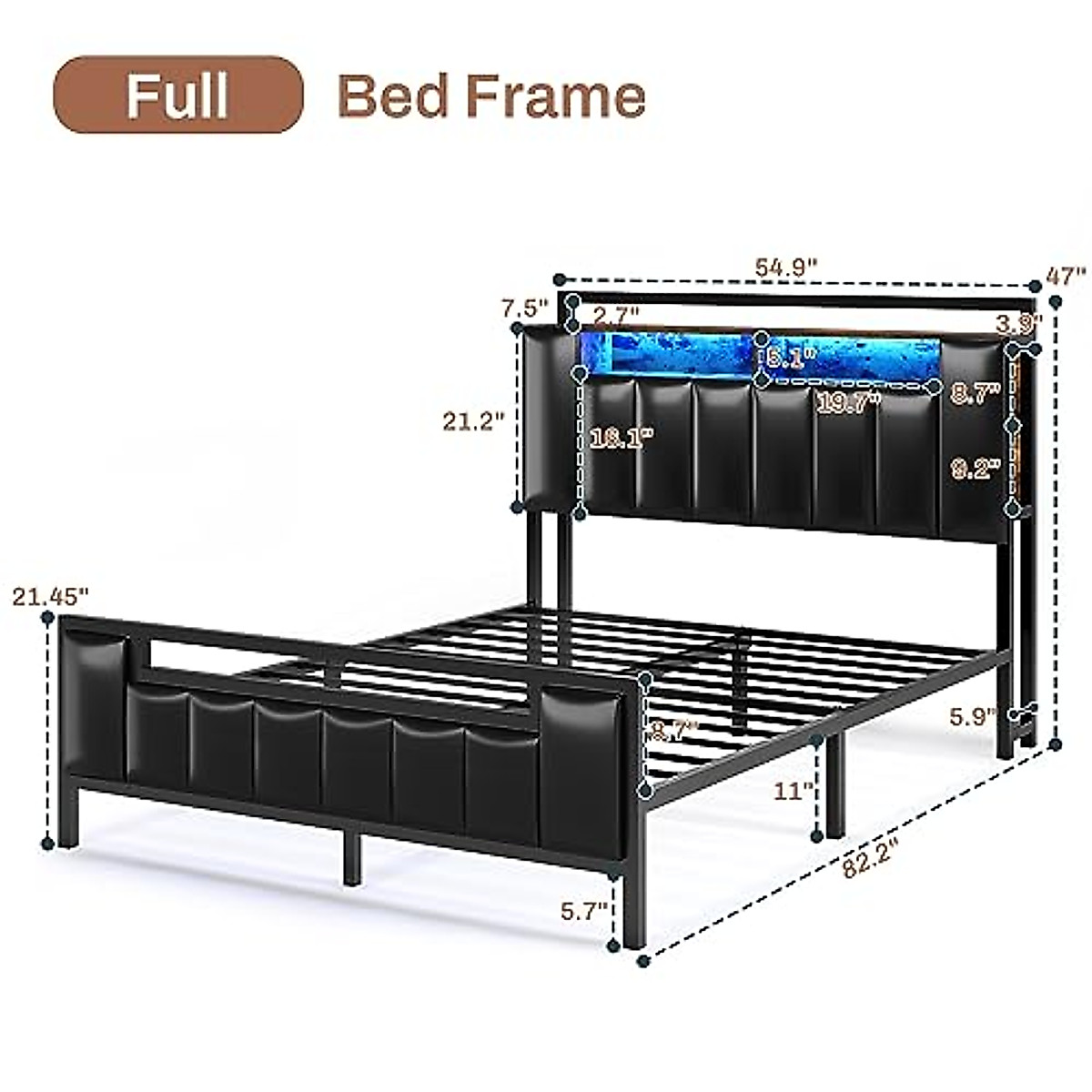AOGLLATI Full Bed Frame with Hidden Storage Headboard,Metal Bed Frame Full Size with Charging Station and 2-Tier Storage Headboard, Full Bed with Led Lights and Metal Slats, No Box Spring Needed