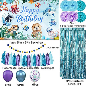 GPWXYYY Under the Sea Birthday Party Decorations, 48Pcs Turtle Theme Party Decorations Include Backdrop Banner Pom Poms Tassel Curtains Balloons for Ocean Birthday Party Decor