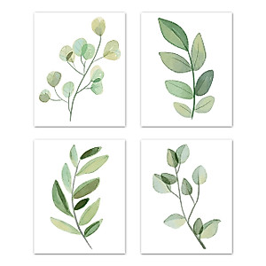 Sweet Jojo Designs Floral Leaf Wall Art Prints Room Decor for Baby, Nursery, and Kids - Set of 4 - Green and White Boho Watercolor Botanical Woodland Tropical Garden Single Flower