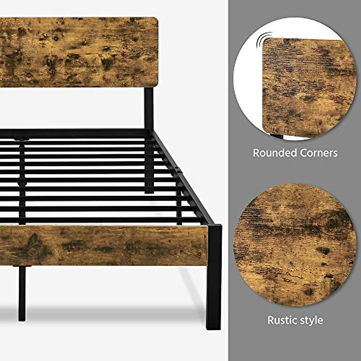 Yaheetech Metal Platform Bed Frame Queen with Wood Headboard and Iron Slats, Rustic Country Bed Base with Mattress Foundation/Strong Slats Support/12 Inch Underbed Storage/No Box Spring Needed, Brown
