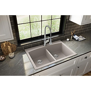 Karran QT-710 Drop-in Quartz Composite 33 in. 1-Hole 50/50 Double Bowl Kitchen Sink Kit in Concrete