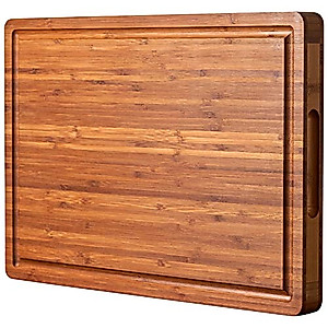Large Wood Cutting Board for Kitchen, 1” Thick Bamboo Cheese Charcuterie Board, Butcher Chopping Block, with Juice Grooves and Handles