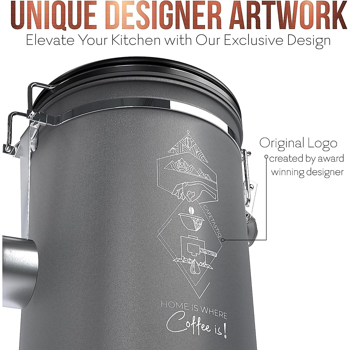 CafetastiQ 38oz / 22oz Coffee Canister – Airtight Stainless Steel Storage Container with Date Tracker & Scoop, Sealed Jar for Grounds, Beans, Tea, Flour, Cereal, and Sugar (Gray Home, 22OZ)