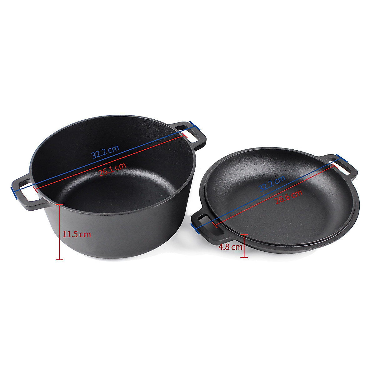 Cast Iron Dutch Oven with Skillet Lid - 10.23” diameter, 5 qt - Multi Cooker Stock Pot For Frying, Cooking, Baking & Broiling + 2 silicone potholders