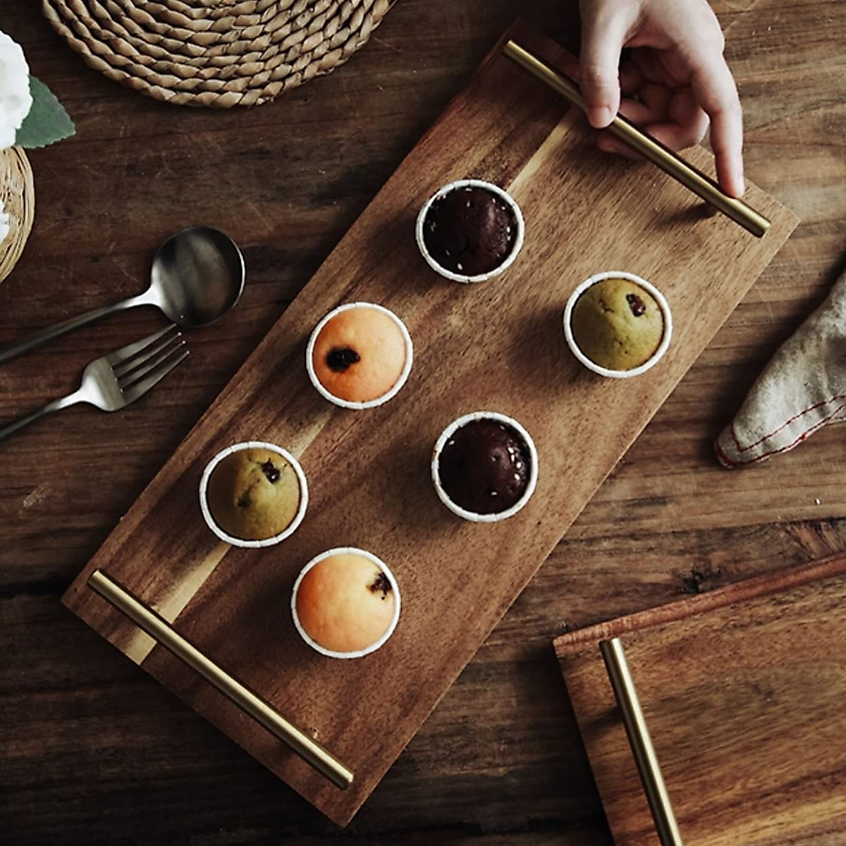 Resafy Acacia Wooden Serving Tray with Stainless Steel Handles, Handmade Decorative Serving Board,Decorative Nesting Food Board Platter for Breakfast,Coffee,Living Room,Bathroom,Kitchen and Outdoors