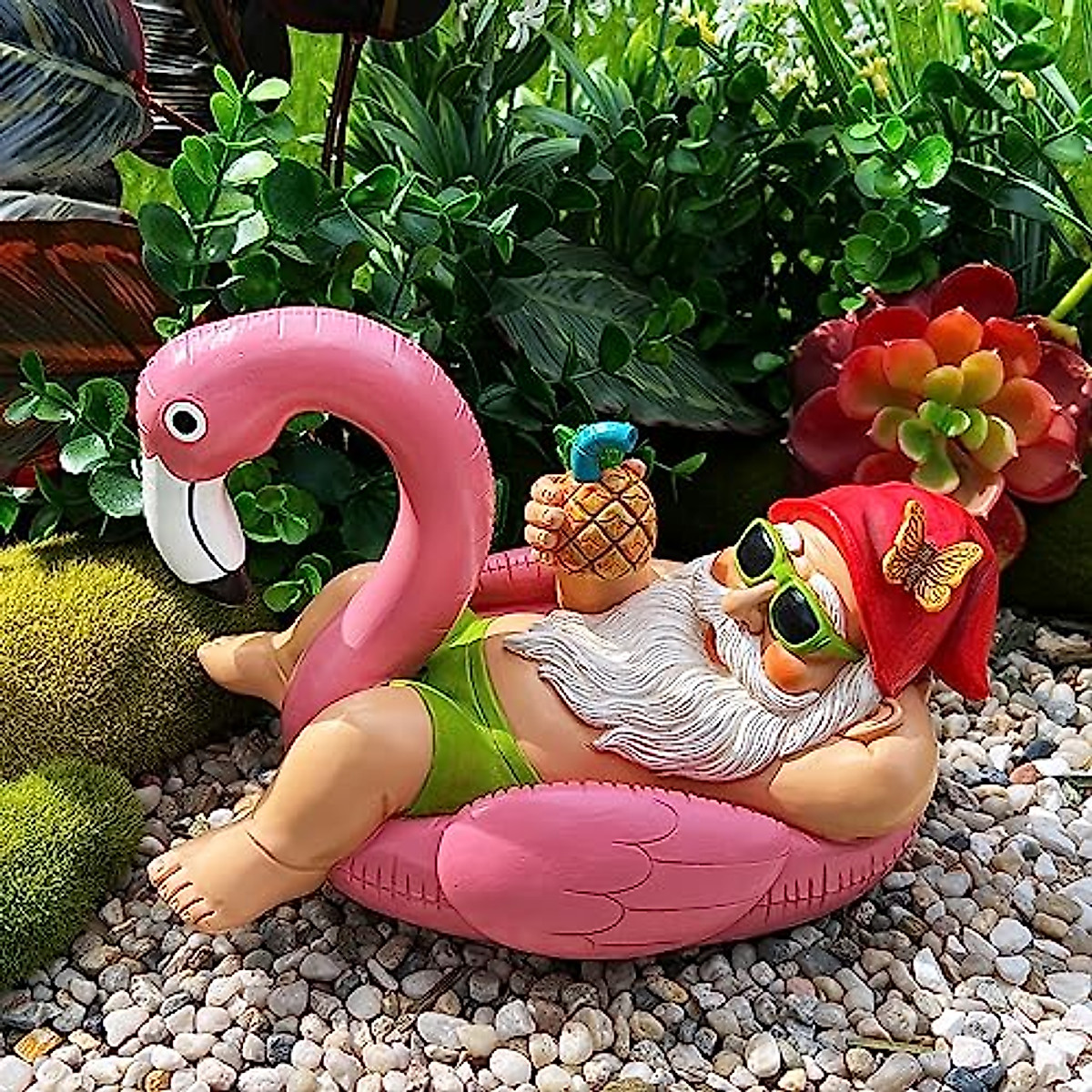 Mood Lab Garden Gnome on Flamingo - Funny Gnome Figurine - 8 Inch Depth Lawn Statue - for Outdoor or House Decor