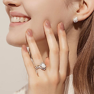 YDD 18k Rose Gold 1.5ct Pear Shaped Opal Engagement Rings for Women Opal & Moissanite Bridal Set Vintage Halo Infinity Ring Set 2pcs Inspired V Shaped Wedding Band Anniversary Free Engraved