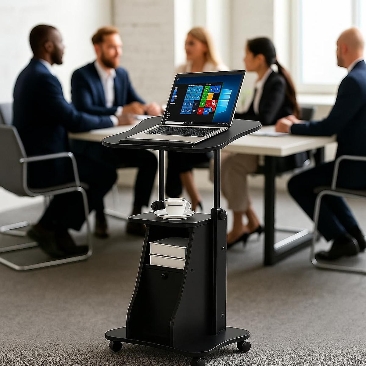 Tangkula Mobile Laptop Podium, Height Adjustable Sit to Stand Desk with Tilting Desktop & Storage Cabinet, Ergonomic Rolling Lectern Cart Laptop Desk, Office Podium Stand on Wheels (1)