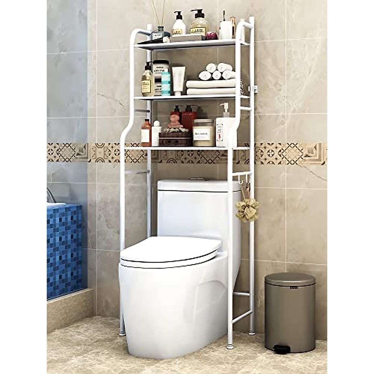 JOCHER 3-Tier Over The Toilet Storage Rack, Multifunctional Bathroom Organizer Over Toilet Shelf,Stable Freestanding Toilet Rack Storage Shelves, Space Saver,Metal,19.7" W x 9.85" D x 60" H(White)