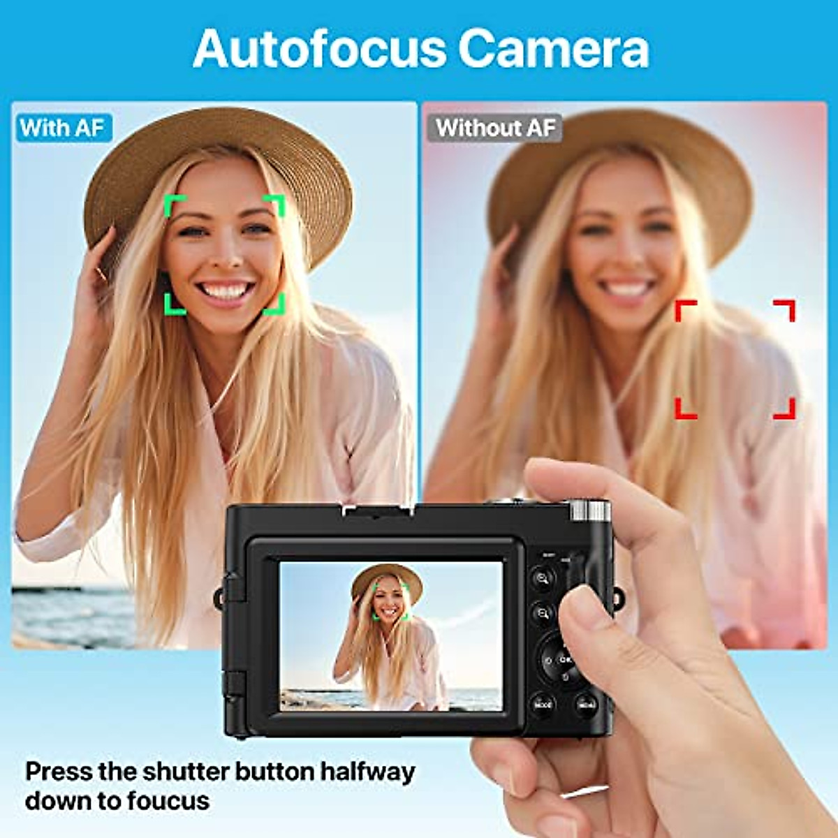 Vlogging Camera, 4K 48MP Digital Camera for Photography with 3” 180 Degree Flip Screen, Autofocus Vlogging Camera for YouTube with 16X Digital Zoom, 32G SD Card, 2 Batteries & Battery Charger