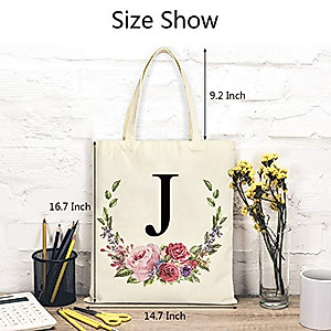 Personalized Floral Initial Tote Bags for women Canvas Tote Bags Reusable Grocery Shopping Bags for Bridesmaids Wedding Bachelorette Birthday Party Large Book Tote Gift Bags Eco - Friendly (Letter J)