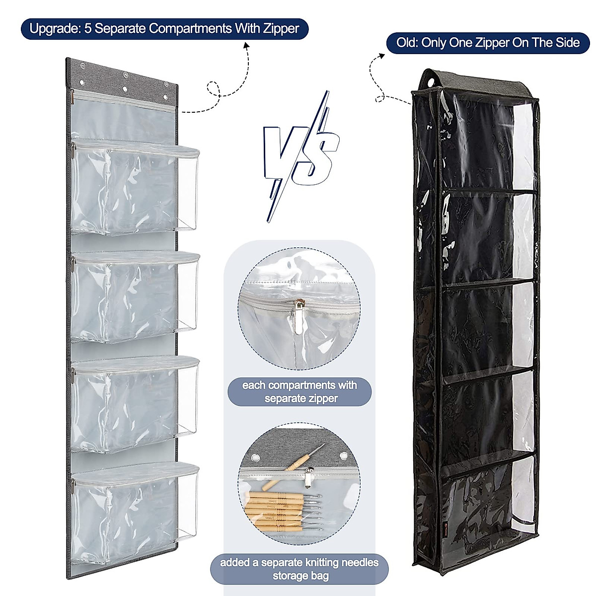 Katech Hanging Yarn Storage Organizer, Large Capacity Knitting Organizer Storage with 5 Zipper Closure Compartments for Yarn Enthusiasts, Hanging Yarn Storage Bag for Crochet Hooks, Yarn Balls