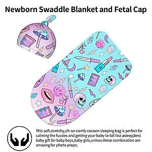 Newborn Swaddle Blankets Hat Sets Soft Stretchy Girly Pastel Witch Goth Pattern Baby Stuff Receiving Blanket Gifts for Infant Baby Boy Girl