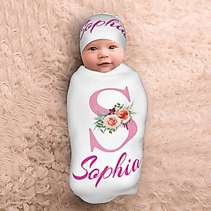 MESHELEY Personalized Swaddle Blanket for Baby Girl Boy with Hat Customized Baby Gifts with Name Custom Baby Blankets for Newborn Infant