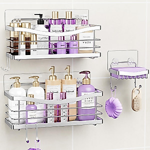 ODesign Adhesive Shower Caddy No Drilling with Soap Dish 3 Tiers Stainless Steel Shower Organizer for Shampoo Conditioner Bathroom Organizer Accessories with Removable Hooks Wall Mounted - RUSTPROOF