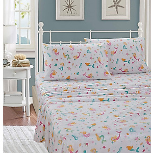 Luxury Home Collection Girls/Teens 4 Piece Full Size Sheet Set Mermaid Under The Sea Star Fish Sea Horse Pink White Blue Green Yellow