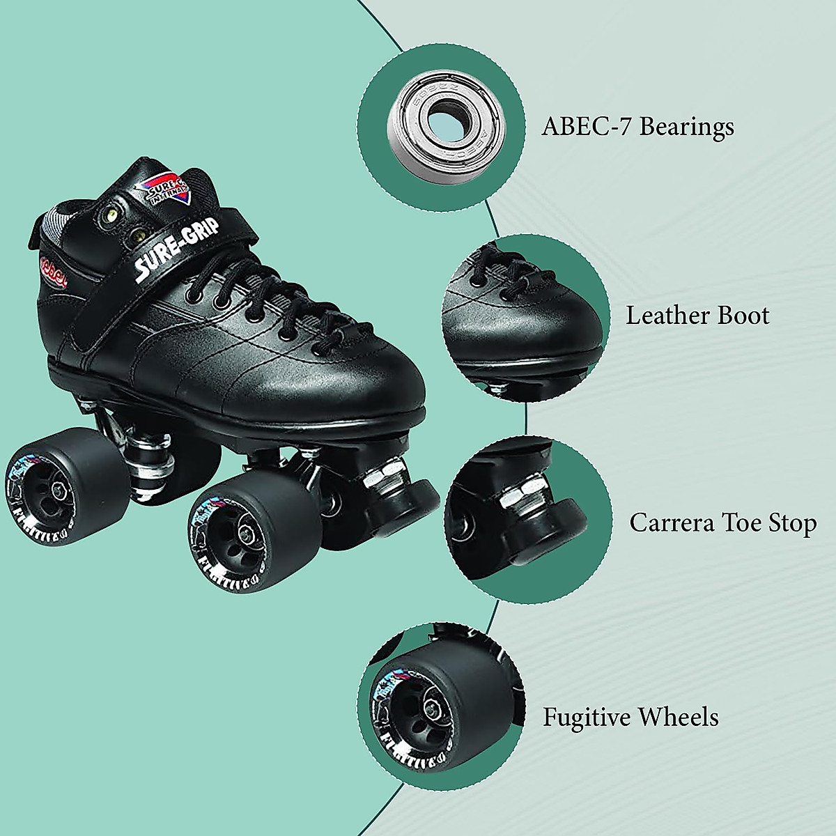 Sure-Grip Rebel Derby Roller Skates for Men & Women - 62mm Fugitive Polyurethane Wheels - Super X Plate Extended Support for Larger Sizes - Suitable for Indoor & Outdoor Skating - Beginner Friendly