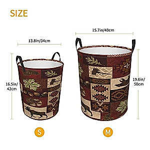 Rustic Cabin Wild Lodge Moose Deer Bear Circular Hamper Storage Basket Water-Proof Circular Dirty Clothes Hamper Laundry Basket With Handles Medium