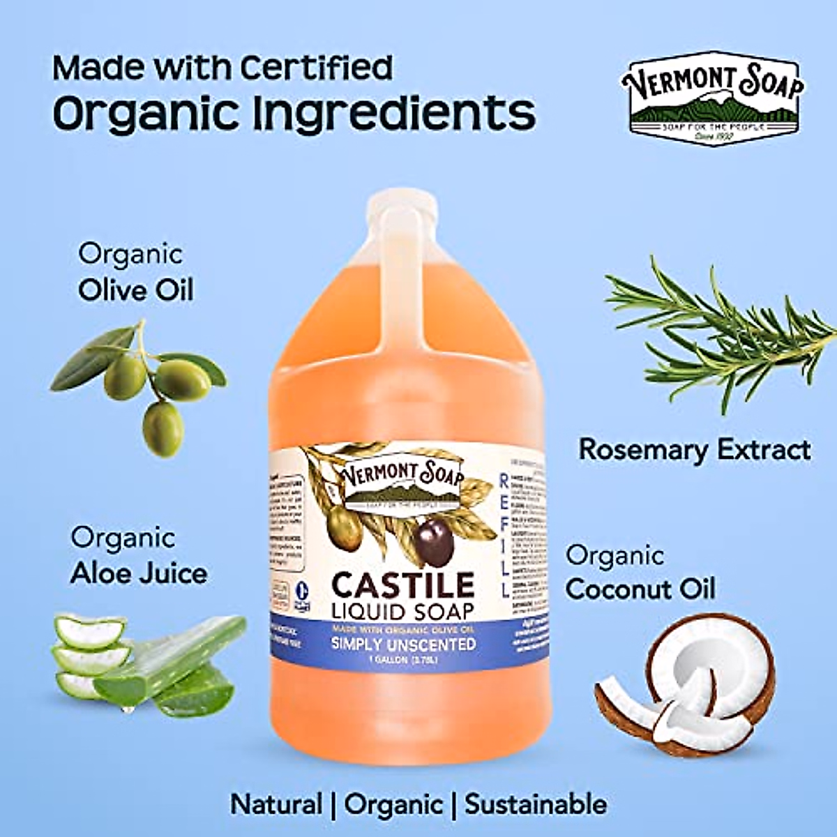 Vermont Castile Soap Unscented, Gentle Liquid Soap for Sensitive Skin & Natural Body Wash, Organic Hair Shampoo for Oily Hair, Aloe Castile Soap for Men & Women - Gallon