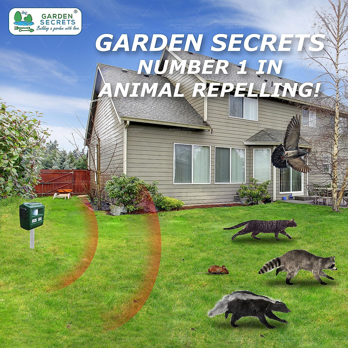 GARDEN SECRETS 3-in-1 Professional ULTRASONIC ANIMAL REPELLENT, Deer Raccoon Rabbit Skunk Possum Bear etc. deterrent, Keep the pests away from your property within 2-4 weeks, whole year full warranty!