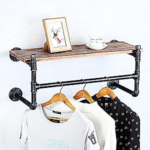 HAOVON Industrial Pipe Clothing Rack Wall Mounted Wood Shelf,Pipe Shelving Floating Shelves,Retail Garment Rack Display Rack Clothes Racks(1 Tier,30in)