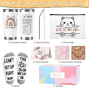 Cat Mom Gifts for Women, Cat Lover Gifts for Women, Crazy Cat Lady Christmas Gifts, Mothers Day, Birthday, Cat Gifts Basket with 20 oz Cat Tumbler, Makeup Bag, Natural Stone Bracelets, Socks