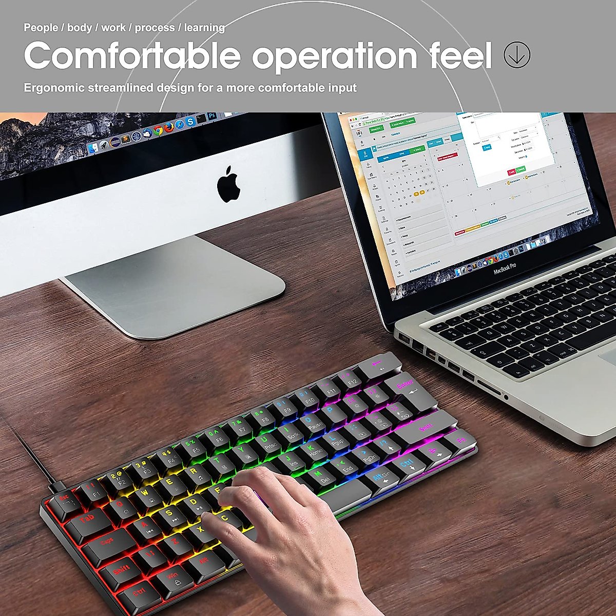 60% True Mechanical Gaming Keyboard Ultra-compact with 20 Rainbow Backlit Type C Wired Programmable 62 Keys Linear Red Switch Waterproof Non-Conflict and Gaming Mouse Pad  for PC/Laptop/PS5（Black)
