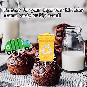 18pcs Green Glitter Dessert Cupcake Topper Garbage Truck Trash Cans Truck Waste Management Recycling Theme Decorations Boy Girl Happy Birthday Party Decor Supplies