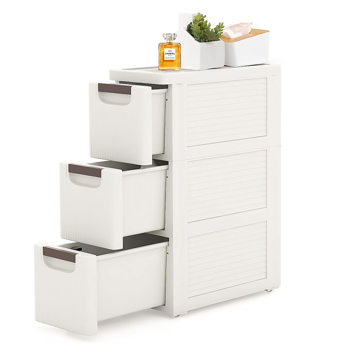 3 Drawers Slim Bathroom Storage Cabinet Dresser, Narrow Plastic Rolling Cart Organizer with Drawers, for Small Spaces, Kitchen, Laundry, Office, Bedroom, White