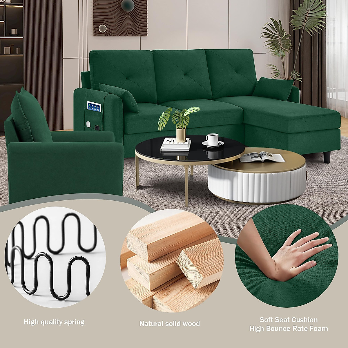 Tornama Sectional Sofa Set 77" Convertible Sofa and Accent Chair Small 3 Seat L Shaped Couch with Reversible Ottoman and Side Pockets, Modern Linen Sofa Couch for Living Room, Office, Apartment, Green