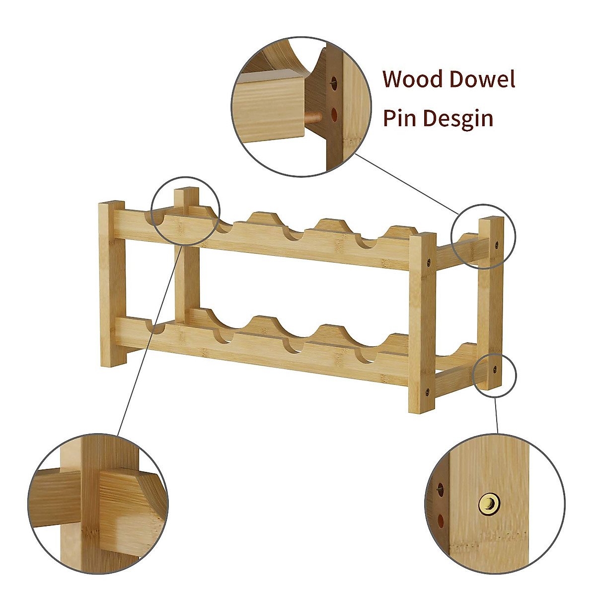 BAMEOS Wine Rack Free Standing 8 Bottle 2 Tier Bamboo Wine Racks Countertop Cabinet Wine Holder Wine Storage Shelf for Kitchen, Bar, Pantry, Wine Cellar, Basement, Countertop (16.85 L x 9.25W x 7H)