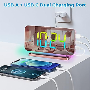 Poeroa RGB Alarm Clock,7.4” LED Mirror Digital Clocks Large Display,with Night Light,USB C Charger Port,Auto Dimmer,Modern Desk Clock for Bedroom Home Office Decor - Rose Gold