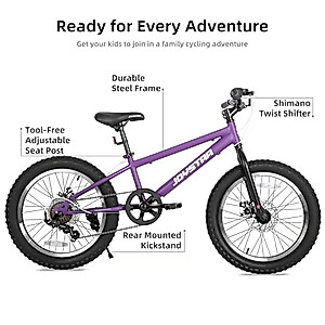 JOYSTAR 20 Inch Girls Moutain Bike for Kids Ages 7-12 Year Old Shimano 7-Speed and Dual Disc Brake 20 Inch Fat Tire Kids Bike Girl Bicycle Purple