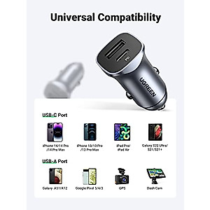 UGREEN USB C Car Charger, PD 20W & QC18W Fast Car Charger Adapter, Dual Port Mini USB Car Charger Compatible with iPhone 14/13/12/11/X/8, iPad, Galaxy S23/S22/S21/S20/Note 20, Google Pixel, LG