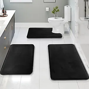 Clara Clark 3 Piece Bathroom Rugs Bath Mat Set, Velvet Memory Foam Bath Mats for Bathroom - Non-Slip, PVC Backing Bath Rugs, Washable Bathroom Rug Mats - Dries Quickly, Black Bathroom Rug Set