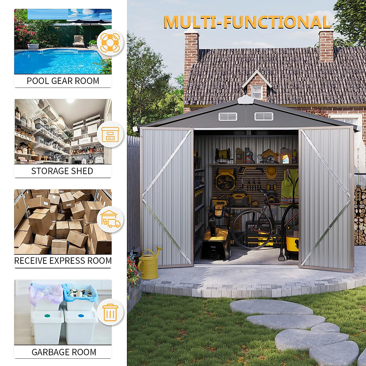 Jolydale 5.6' x 8' Metal Outdoor Storage Shed with Lockable Door - Ideal for Bikes, Tools, Lawn Mowers, Outside Lawn Mower Storage Sheds & Outdoor Storage for Backyard & Garden Use