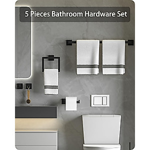 Hinmood Matte Black Bathroom Hardware Set, 5 Pieces Hardware Accessories Set SUS304 Stainless Steel Bath Towel Bar Set, Wall Mounted Towel Rack for Bathroom (Black, 16 Inch)