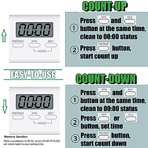 SATINWOOD Kitchen Timer, 2 Pack Digital Kitchen Timers Magnetic Countdown Timer with Loud Alarm, Big Digits, Back Stand for Cooking, Classroom, Teachers - AAA Battery Included,White