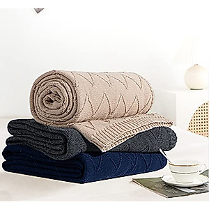 NTBAY Rayon Cotton Cable Knitted Throw Blanket, Breathable and Silky Soft Chevron Textured RPET Decorative Blanket for Couch, Sofa, Bed, 51x67 Inches, Navy Blue
