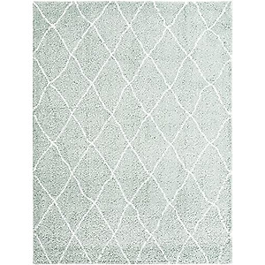 Unique Loom Rabat Shag Collection Area Rug - Trellis (9' x 12' Rectangle, White Cyan/Ivory)