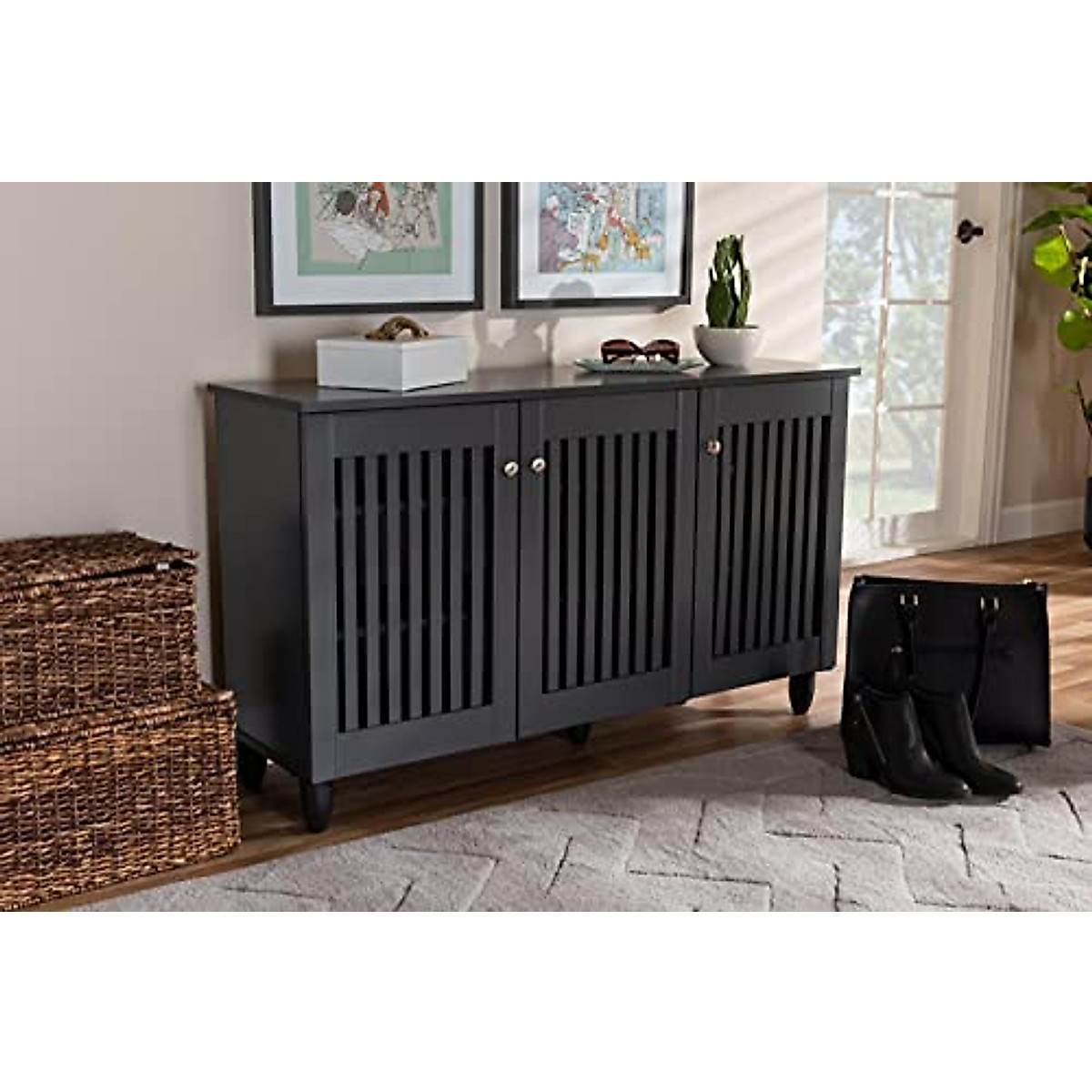 Baxton Studio Fernanda Modern and Contemporary Dark Gray 3-Door Wooden Entryway Shoe Storage Wide Cabinet