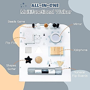 Wooden Baby Walker, Toddler Push and Pull Learning Activity Walker for Boys and Girls, Montessori Toys for 1+ Year Old, Kids Multi-Activity Learning Walker with Wheels