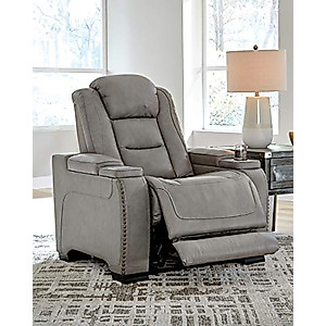 Signature Design by Ashley The Man-Den Leather Power Recliner with Adjustable Headrest & Wireless Charging, Gray