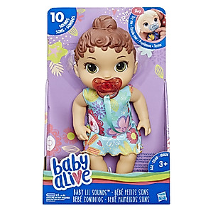 Baby Alive Baby Lil Sounds: Interactive Brown Hair Baby Doll for Girls & Boys Ages 3 & Up, Makes 10 Sound Effects, Including Giggles, Cries, Baby Doll with Pacifier