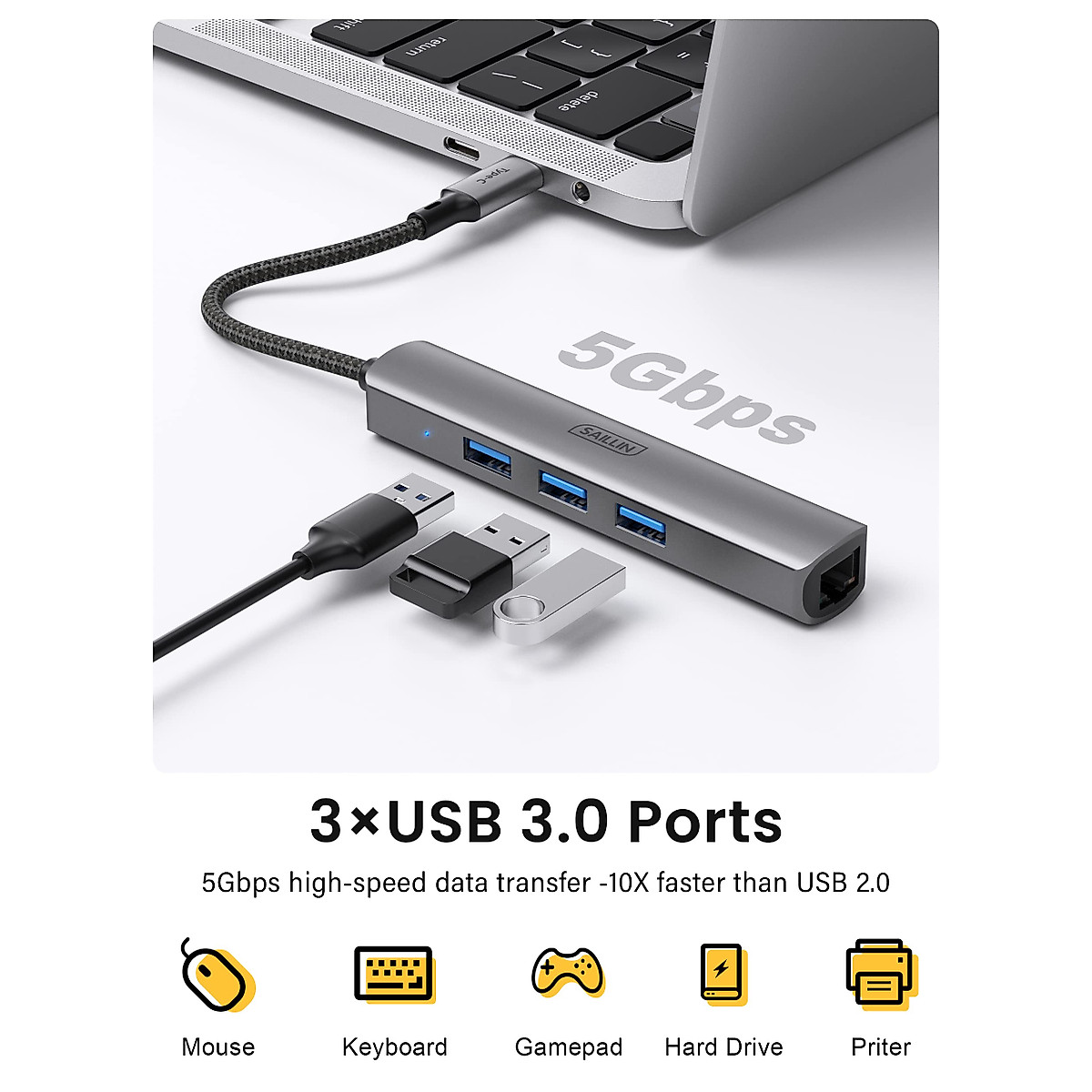 USB C to Ethernet Adapter, SAILLIN USB C Hub with RJ45 Gigabit and 3 USB 3.0 Ports, Thunderbolt 3 Multiport Adapter Hub 4 in 1 for MacBook Pro/Air, iPad Pro, iMac, Dell XPS, Surface Pro, Chromebook