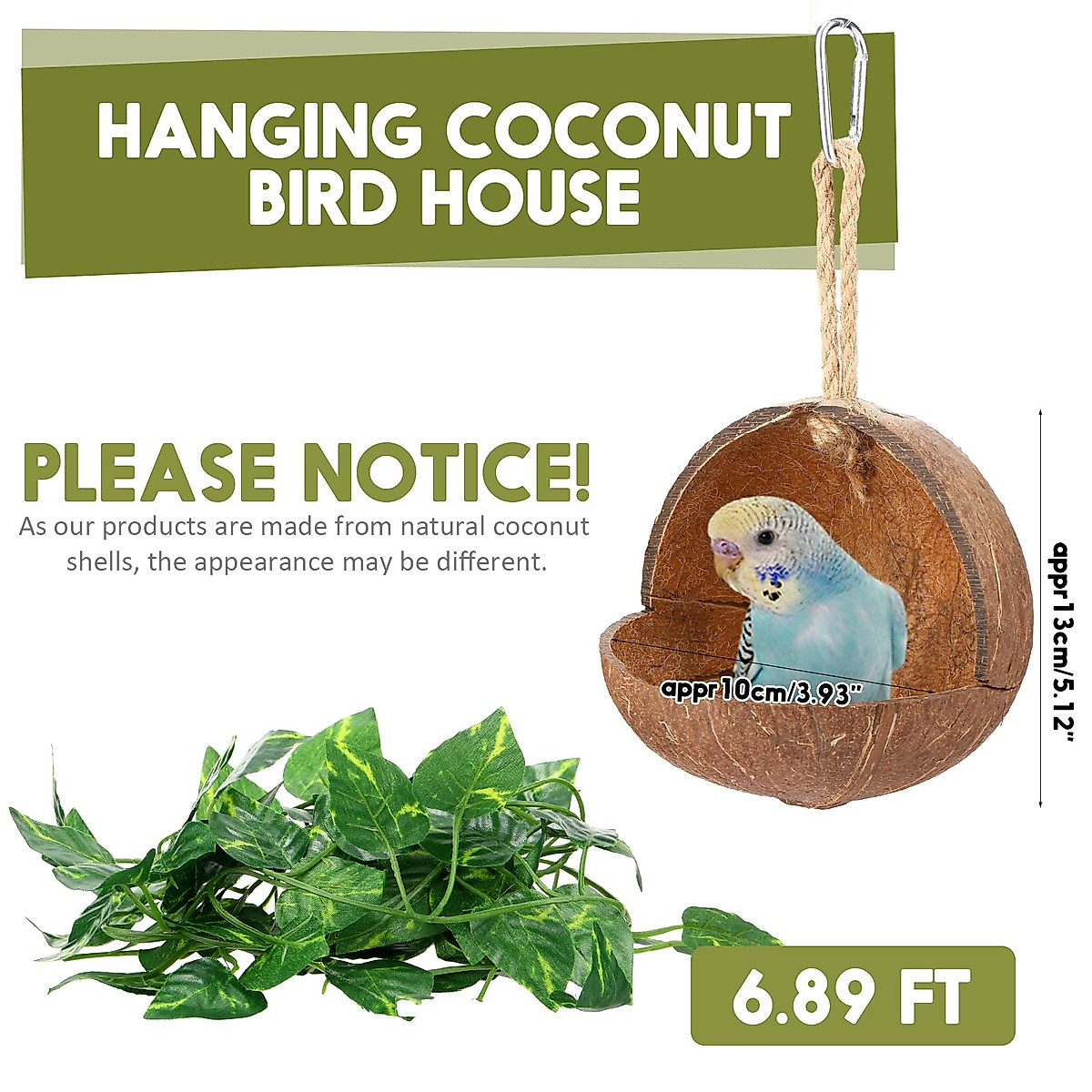 3 Pcs Natural Coconut Bird Hide Nest Birds Parakeet Nest with 6.9 Feet Fake Vines and 4 Hooks, Coconut Fiber Hanging Birdhouse Shell House for Finch Canary Sparrows Reptile Hamster Budgies Cockatiel