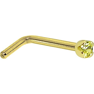 Body Candy Solid14k Yellow Gold 1.5mm (0.015 cttw) Genuine Yellow Diamond L Shaped Nose Stud Ring 18 Gauge 1/4"