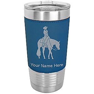 LaserGram 20oz Vacuum Insulated Tumbler Mug, Western Pleasure Horse, Personalized Engraving Included (Faux Leather, Blue)