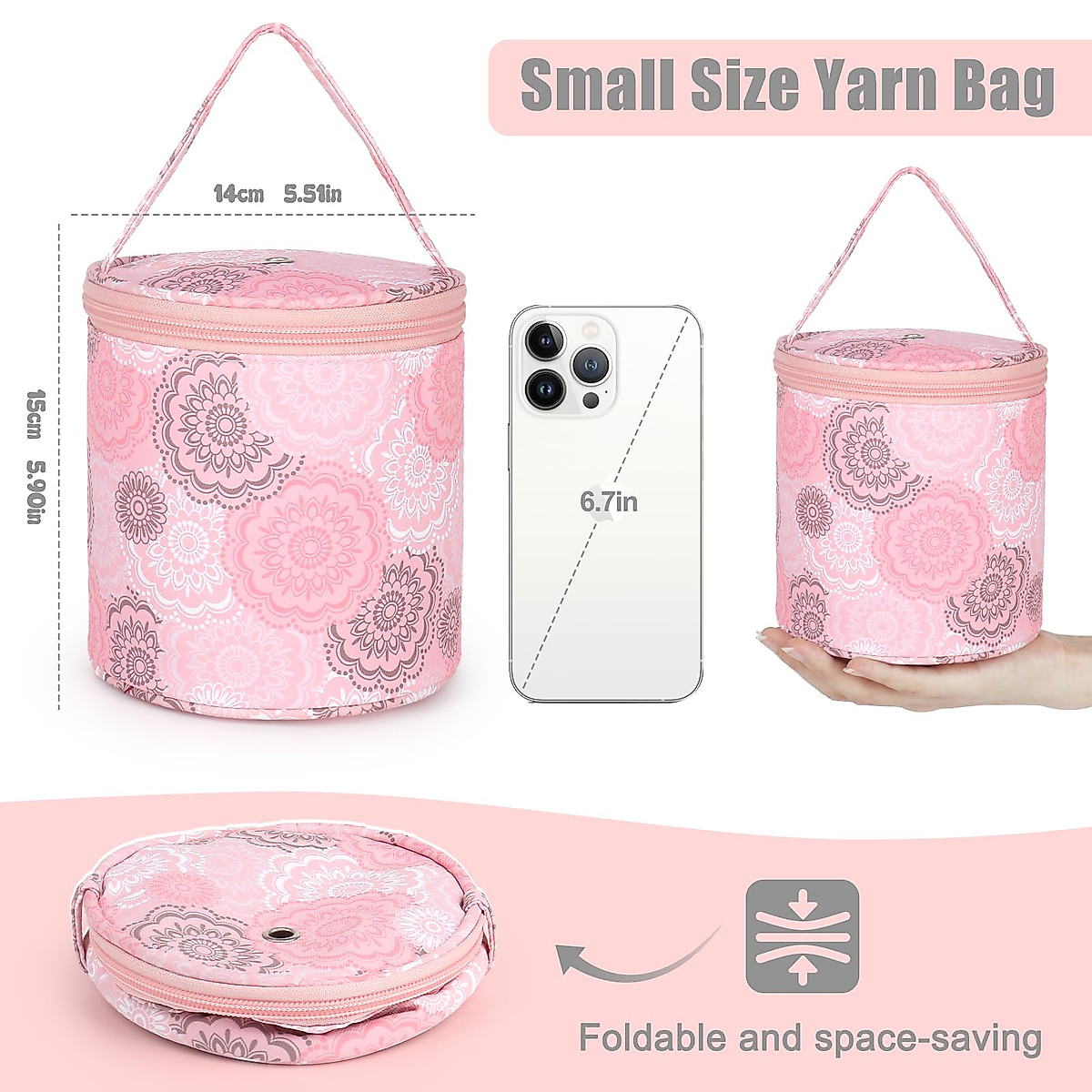 Katech Mini Yarn Storage Bags, Portable Yarn Bag for Crocheting with Holes Organizer Crochet Thread Sewing Accessories Storage Tote Bag for Carry Crochet Hooks Skein Yarn (Pink Floral)
